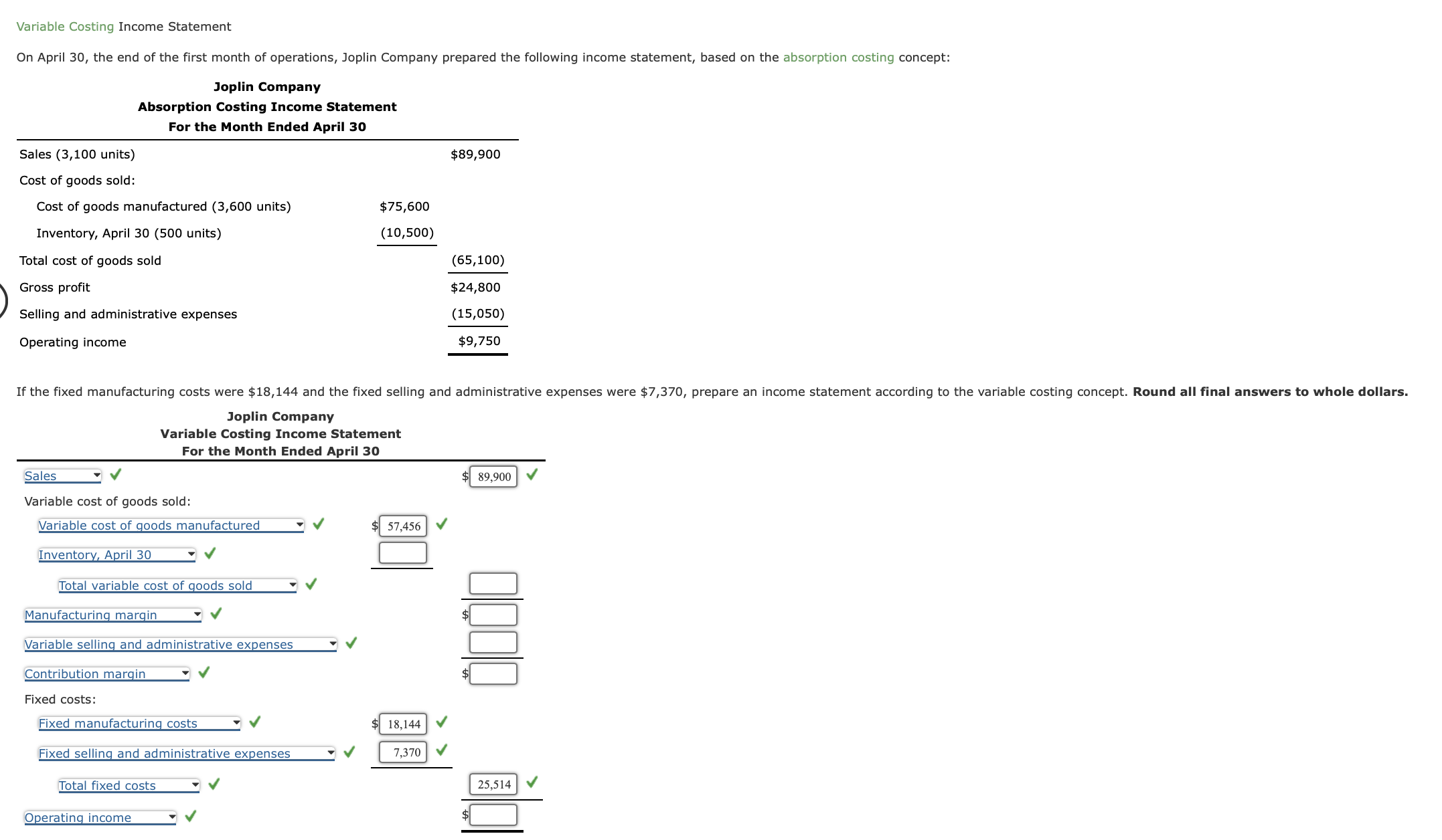 Solved Variable Costing Income Statement On April 30 The