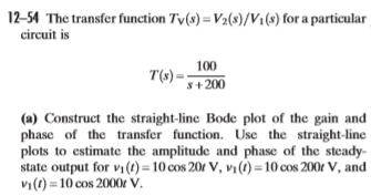 Solved 12–54 The transfer function Tv (s) =V2(s)/V1(s) for a | Chegg.com