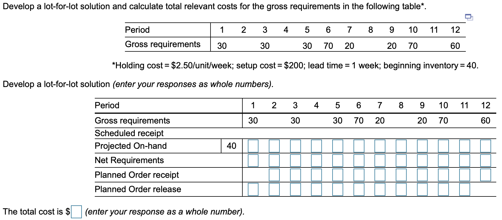 Solved Develop a lot-for-lot solution and calculate total | Chegg.com