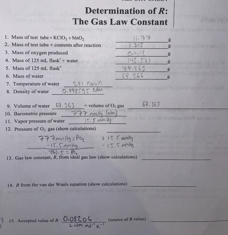 Solved Determination of R : The Gas Law Constant 1. Mass of | Chegg.com