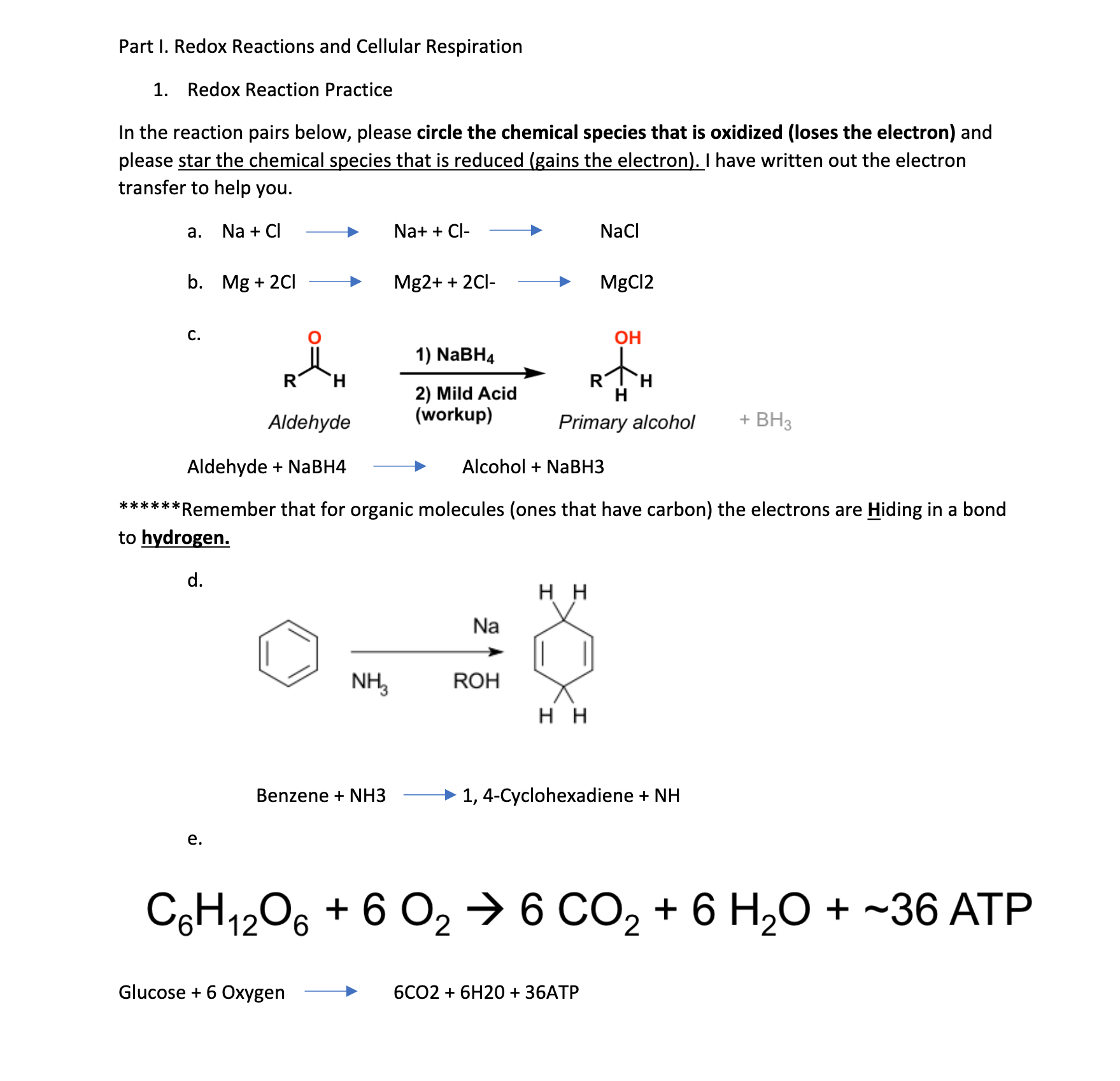 Solved Part I. Redox Reactions and Cellular Respiration 1. | Chegg.com
