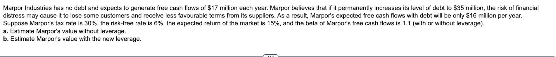 Solved Marpor Industries has no debt and expects to generate | Chegg.com