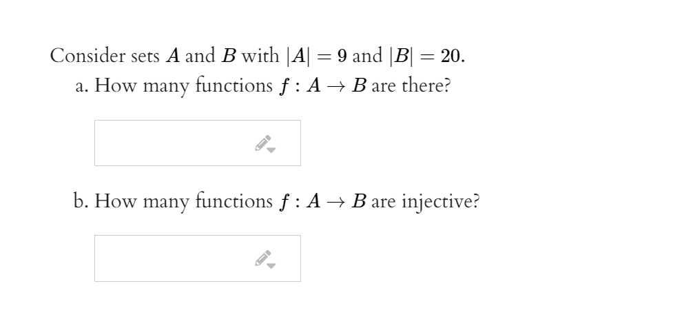 Solved Consider sets A and B with |A| = 9 and |B= 20. a. How | Chegg.com
