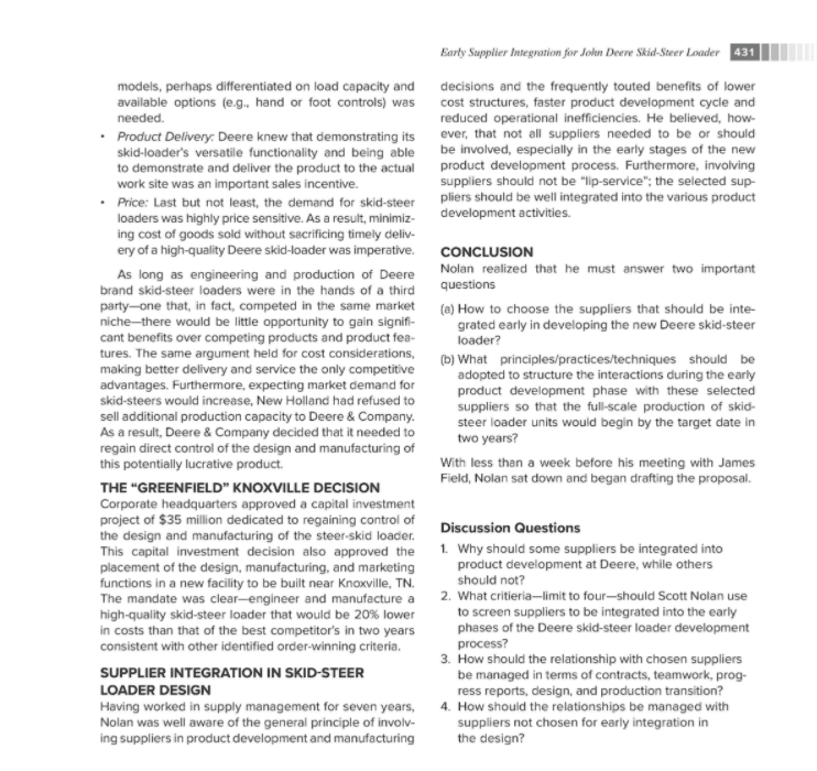 Solved Case Study Early Supplier Integration for John Deere | Chegg.com