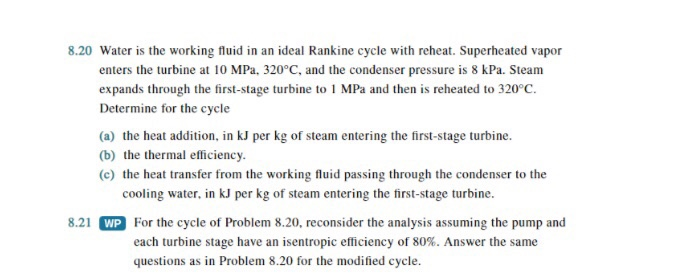 Solved 8.20 Water is the working fluid in an ideal Rankine | Chegg.com