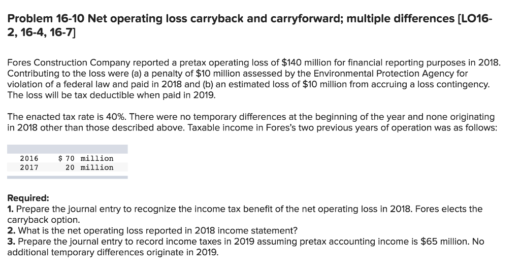 Solved Problem 16-10 Net operating loss carryback and | Chegg.com