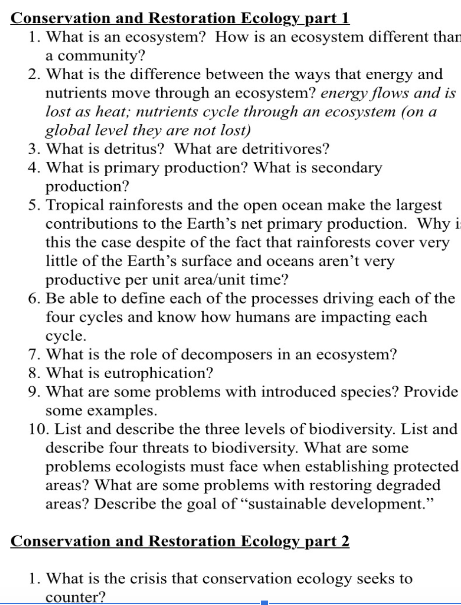 Solved Conservation and Restoration Ecology_part 1 1. What | Chegg.com