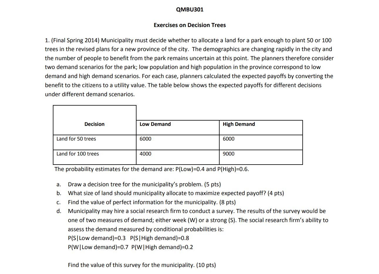 Solved 1. (Final Spring 2014) Municipality must decide | Chegg.com