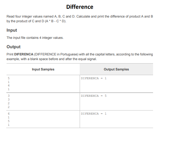 Difference Read four integer values named A, B, C and | Chegg.com