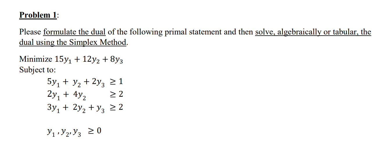Solved Problem 1: Please formulate the dual of the following | Chegg.com