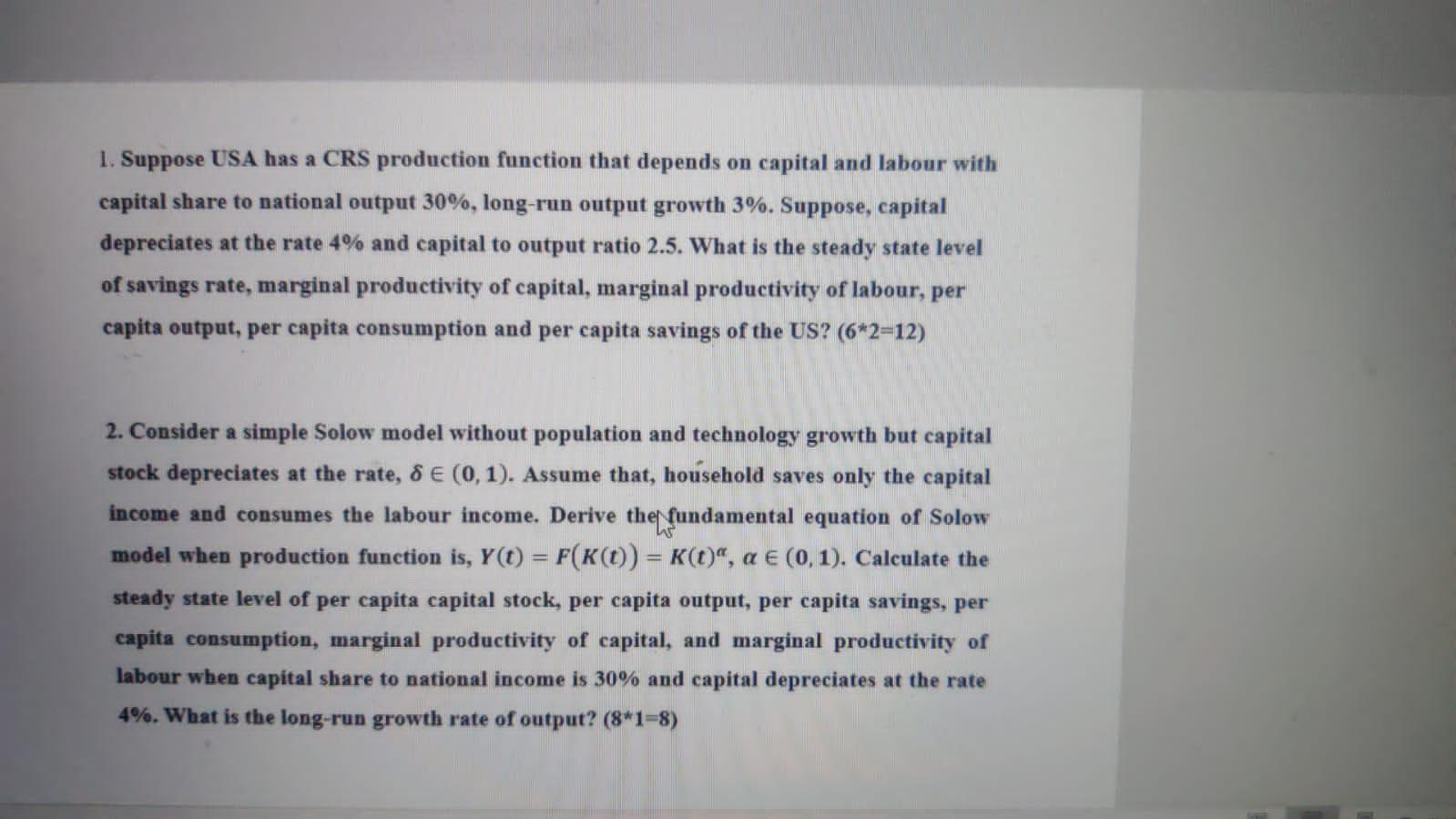 Solved 1. Suppose USA has a CRS production function that | Chegg.com