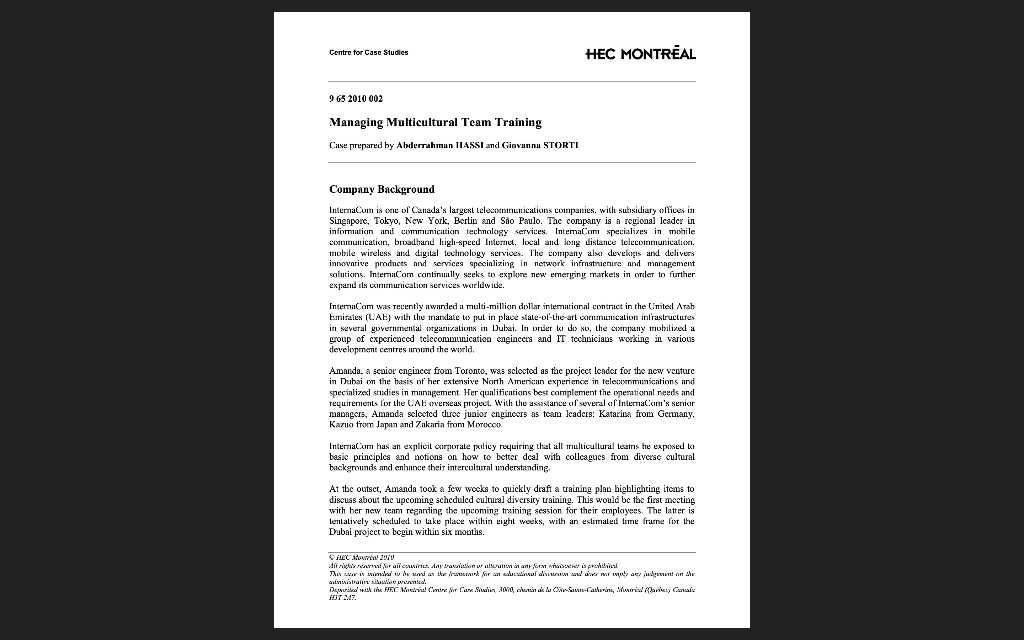 Solved 9652010002 Managing Multicultural Team Training Case | Chegg.com