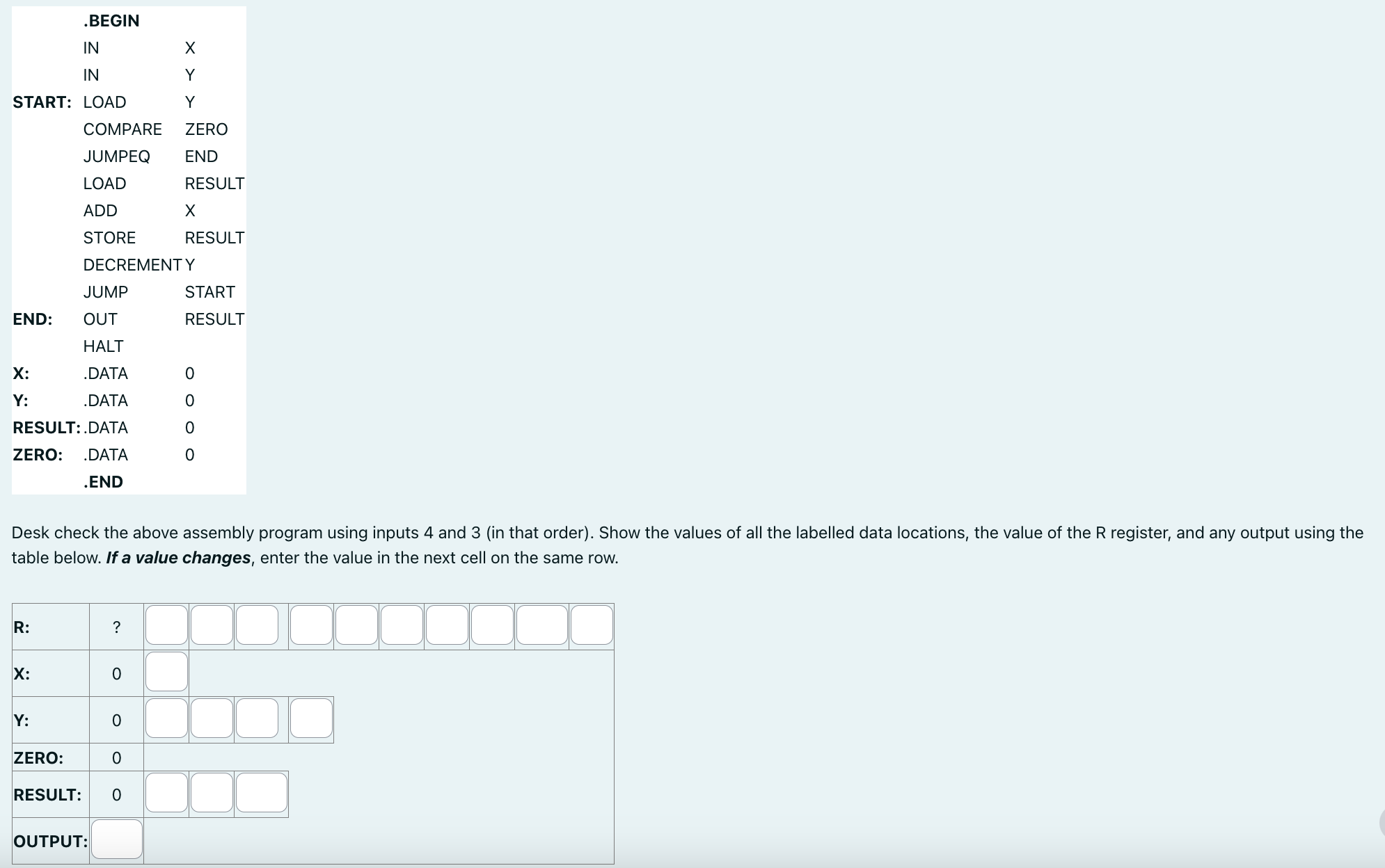 Solved Desk check the above assembly program using inputs 4 | Chegg.com