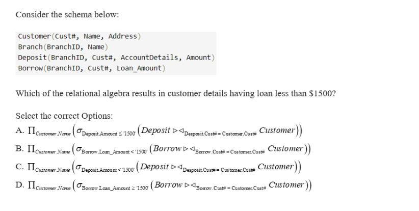 Solved Consider the schema below: Customer (Cust\#, Name, | Chegg.com