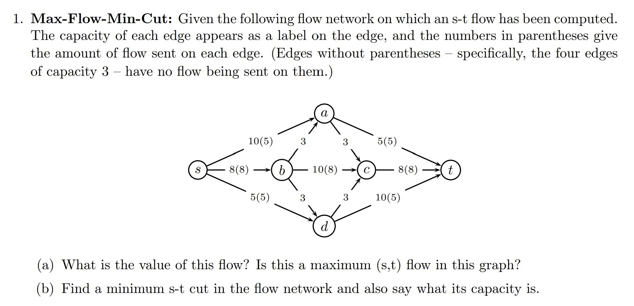 Solved 1. Max-Flow-Min-Cut: Given the following flow network | Chegg.com