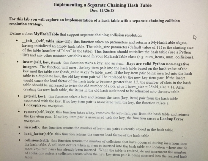 Solved Implementing a Separate Chaining Hash Table Due: | Chegg.com