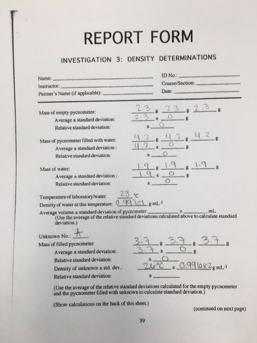 Solved REPORT FORM INVESTIGATION 3: DENSITY DETERMINATIONS | Chegg.com