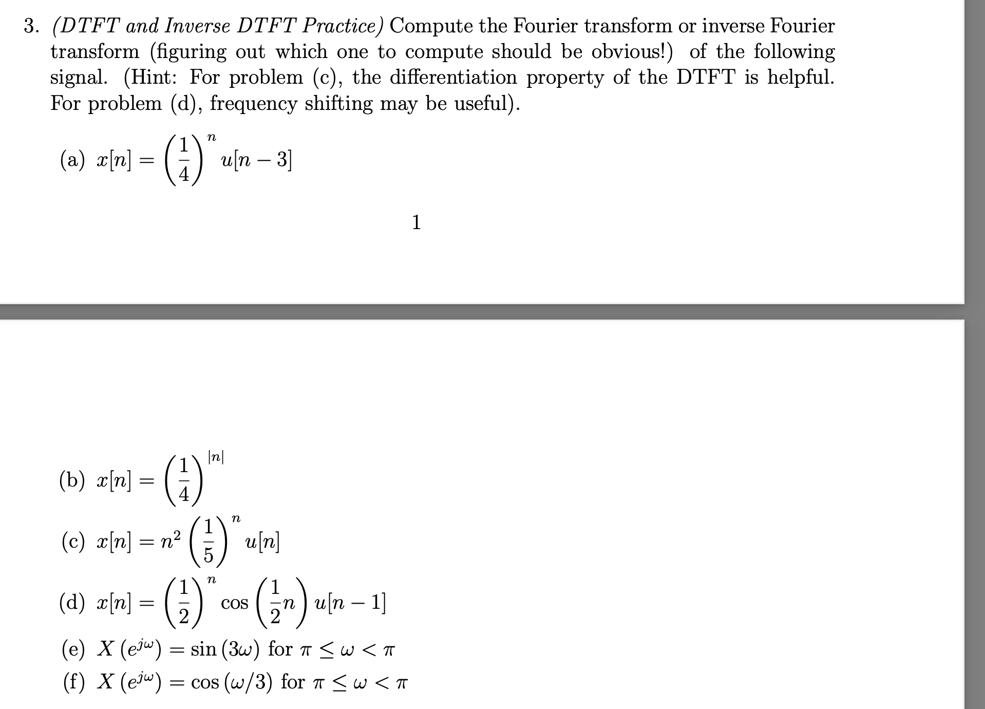 Solved (DTFT and Inverse DTFT Practice) Compute the Fourier | Chegg.com