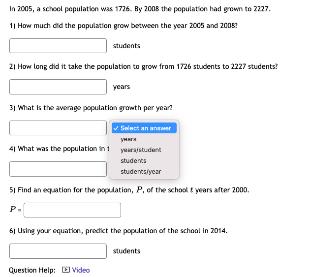Solved In 2005 , a school population was 1726 . By 2008 the | Chegg.com