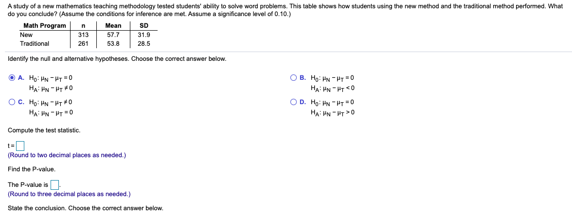 Solved A study of a new mathematics teaching methodology | Chegg.com