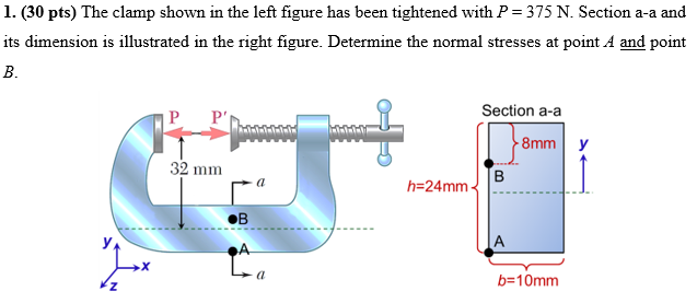 Solved 1. (30 pts) The clamp shown in the left figure has | Chegg.com