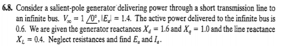 Solved 6.8. Consider a salient-pole generator delivering | Chegg.com