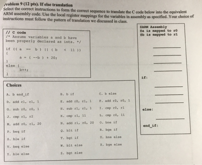 Solved problem 9 (12 pts). If else translation Select the | Chegg.com