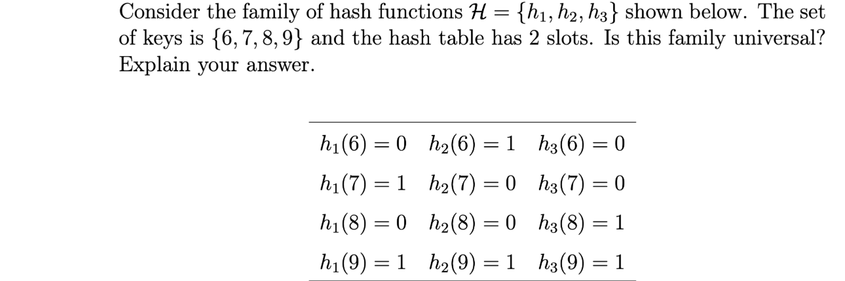 Solved Consider the family of hash functions H = {h1, h2, | Chegg.com