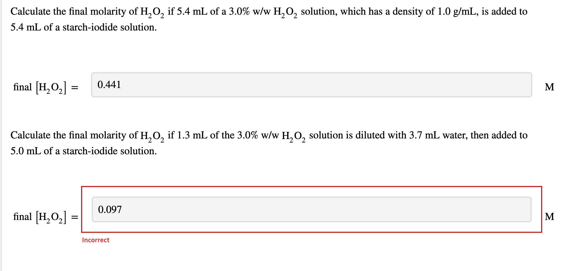 Solved Calculate the final molarity of H2O2 if 5.4 mL of a | Chegg.com