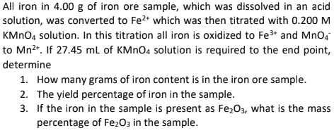 Solved All iron in 4.00 g of iron ore sample, which was | Chegg.com