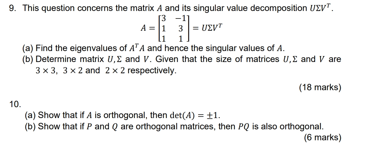 Solved A=⎣⎡311−131⎦⎤=UΣVT (a) Find the eigenvalues of ATA | Chegg.com