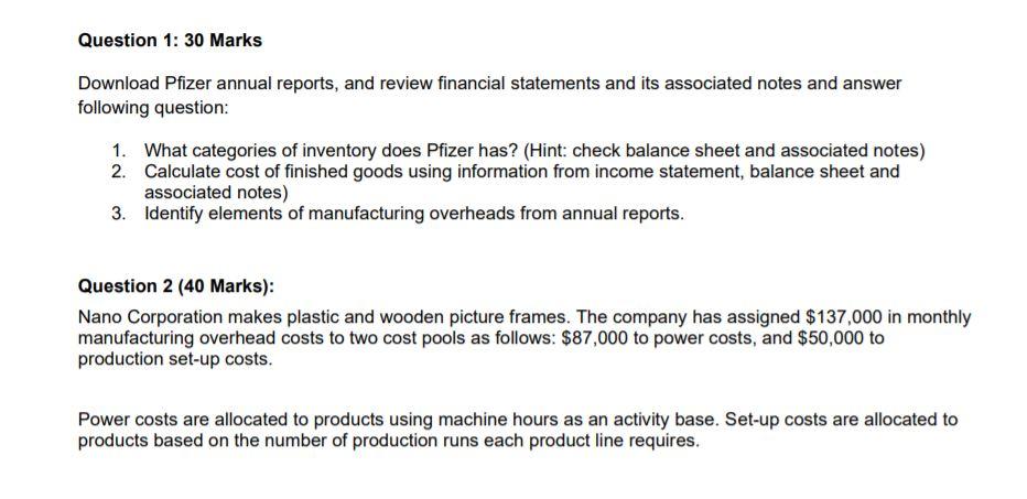 Question 1: 30 Marks Download Pfizer annual reports, | Chegg.com