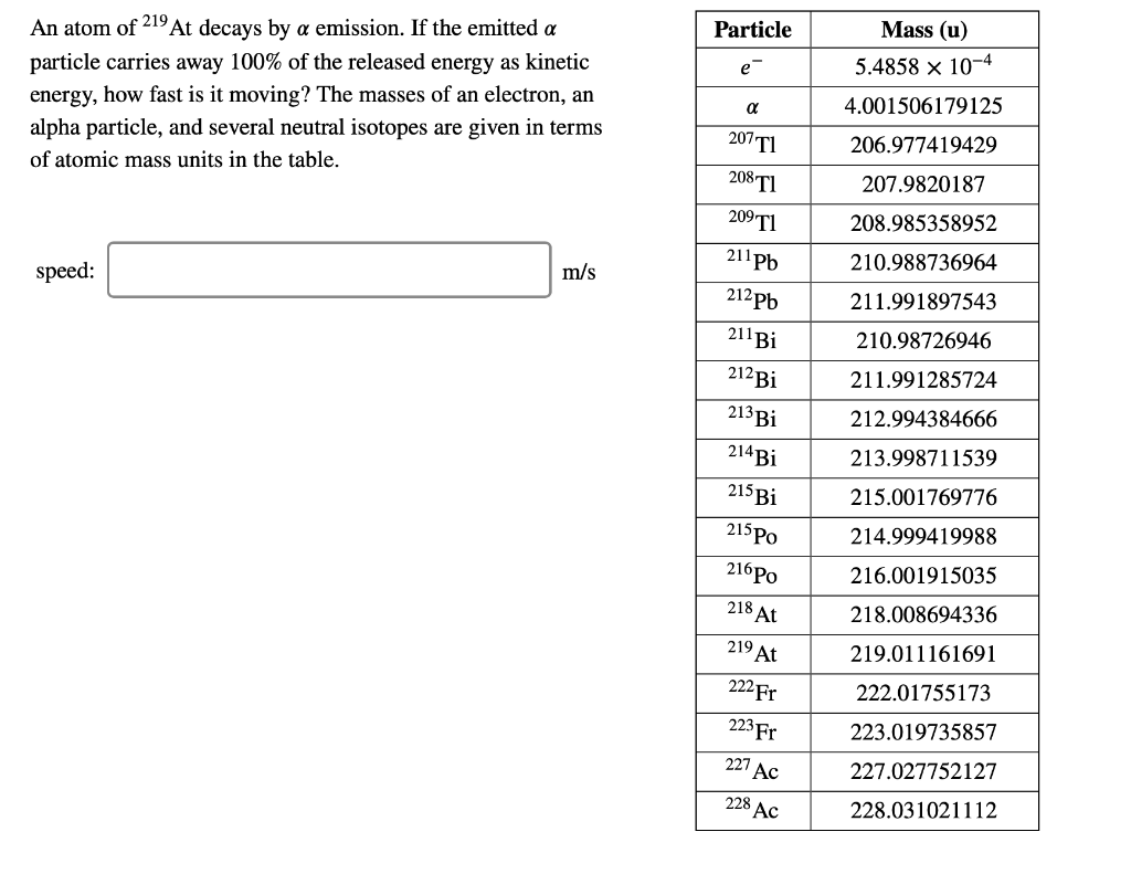 Solved Particle e An atom of 219 At decays by a emission. If | Chegg.com