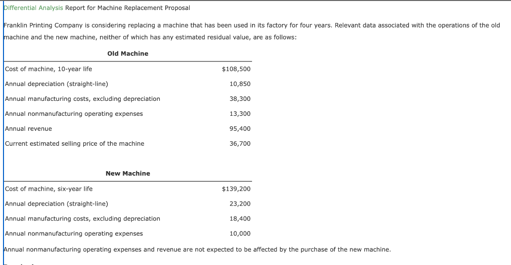 Solved Differential Analysis Report for Machine Replacement | Chegg.com