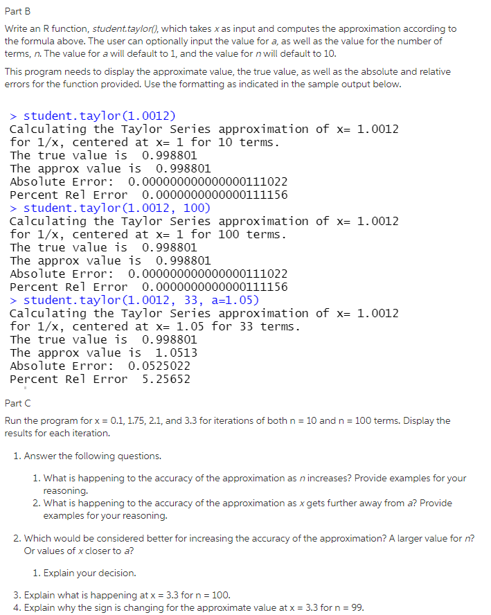 Solved Part B Write an R function, student.taylor(), which | Chegg.com