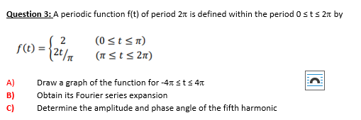 Solved Question 3: A periodic function f(t) of period 2π is | Chegg.com