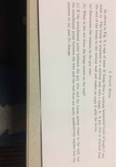 Solved 4. STATIC BooM As shown in Fig. 3, a sign of mass M | Chegg.com