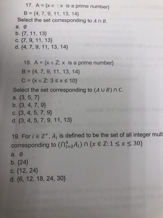 Solved 17. A (xe :x is a prime number) В 3(4, 7, 9, 11, 13, | Chegg.com