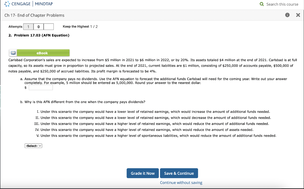 CENGAGE MINDTAP Search this course Ch 17- End of | Chegg.com