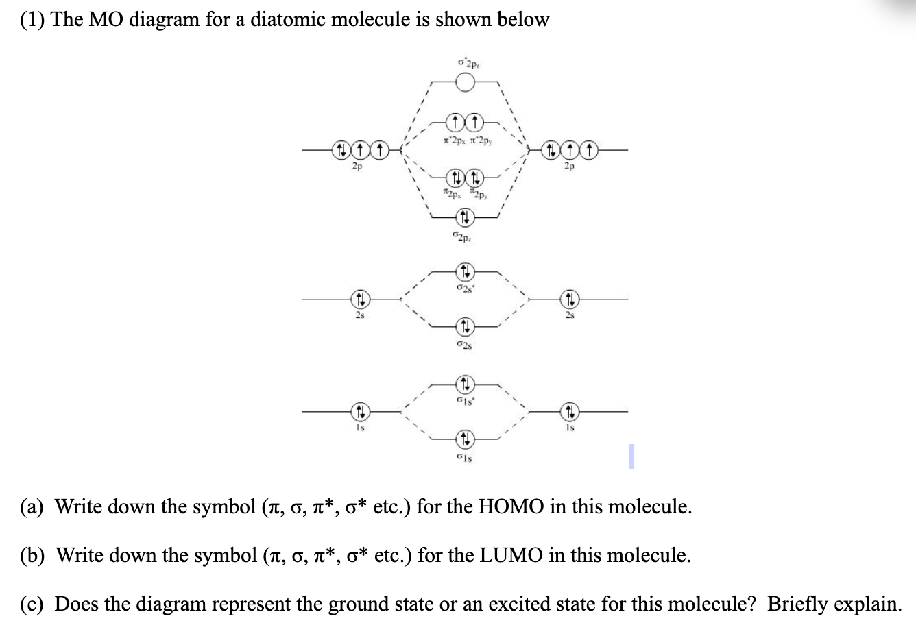 Solved (1) The MO diagram for a diatomic molecule is shown | Chegg.com