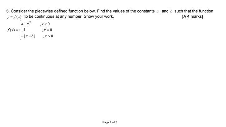 Solved 5. Consider the piecewise defined function below. | Chegg.com