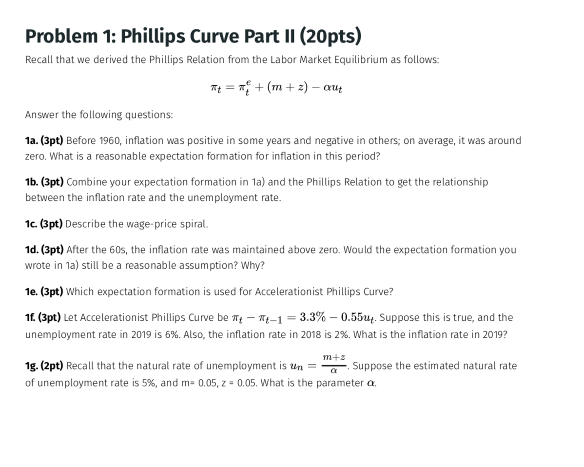 Solved Problem 1: Phillips Curve Part II (20pts) Recall that | Chegg.com