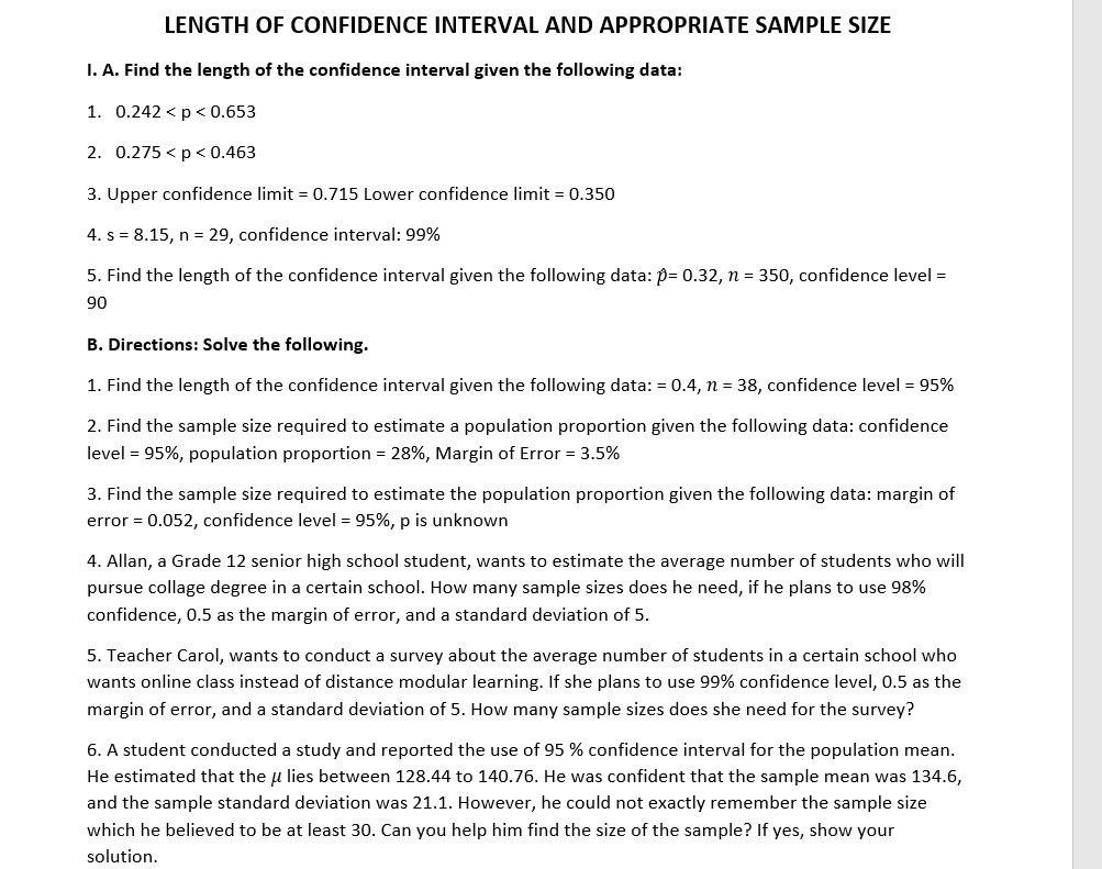 Solved LENGTH OF CONFIDENCE INTERVAL AND APPROPRIATE SAMPLE | Chegg.com