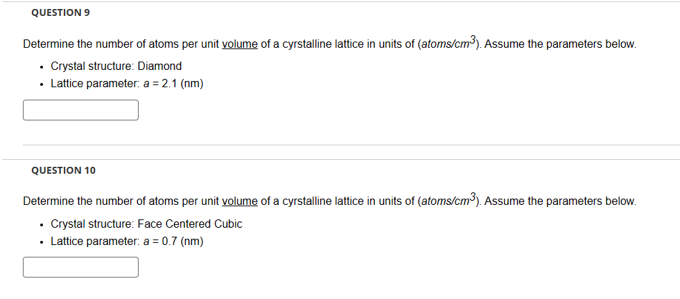 Solved Determine the number of atoms per unit volume of a | Chegg.com
