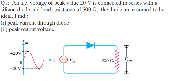 Solved Q1: An a.c. voltage of peak value 20 V is connected | Chegg.com