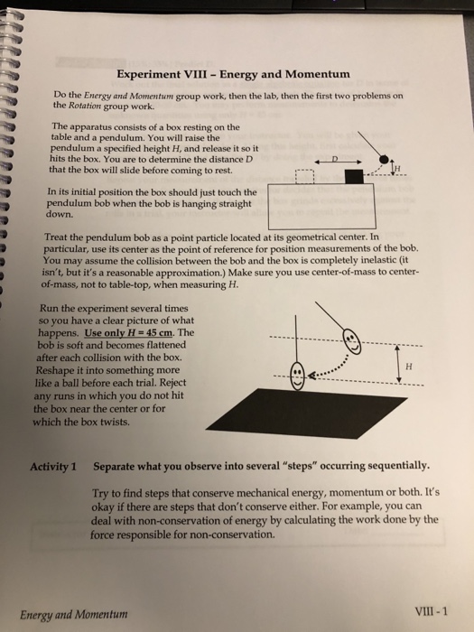 Experiment VIII - Energy and Momentum Do the Energy | Chegg.com