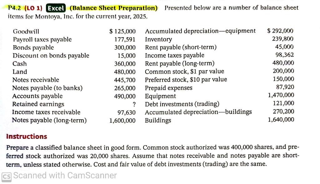 Solved P4.2 (LO 1) Excel (Balance Sheet Preparation) | Chegg.com
