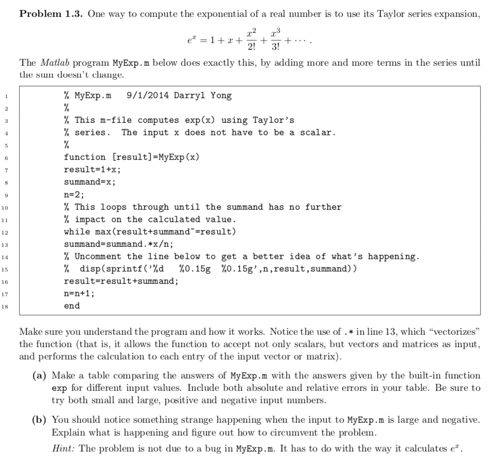Problem 1.3. One way to compute the exponential of a | Chegg.com