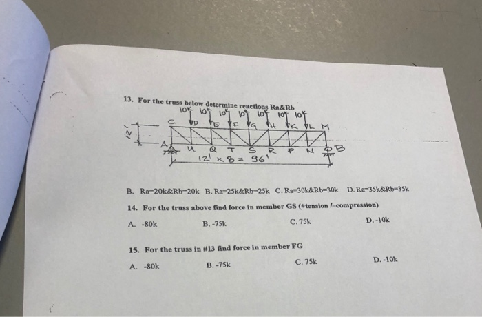 Solved 13. For the truss below determine reactions Ra&Rb B. | Chegg.com
