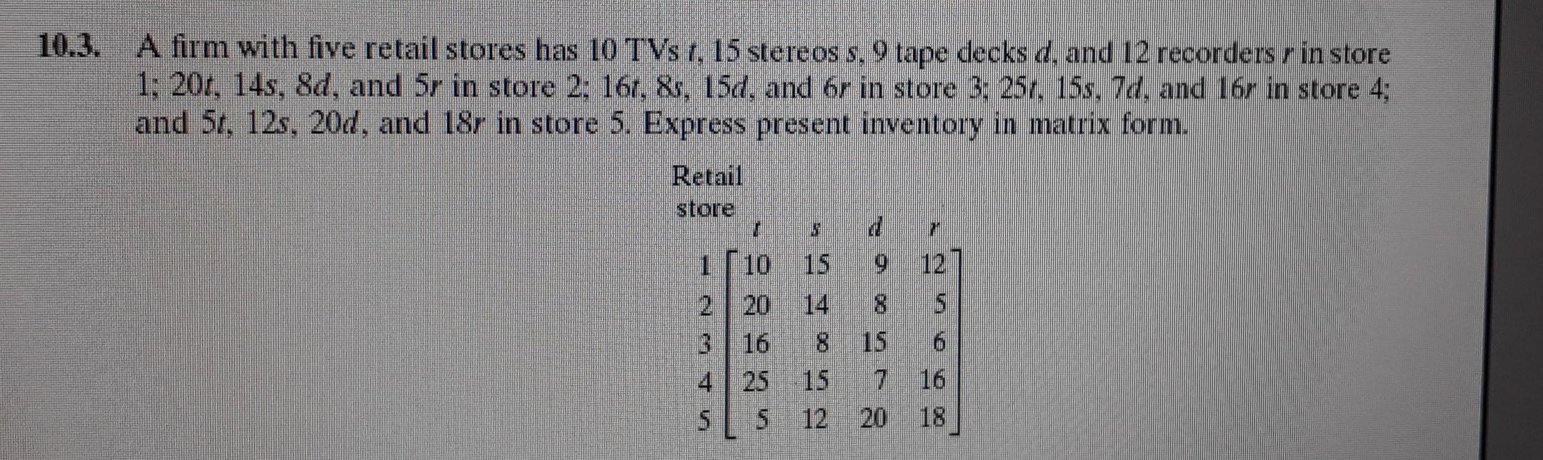 Solved 10.3. A firm with five retail stores has 10 TVs 1. 15 | Chegg.com